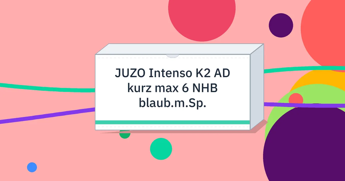 Symbolbild: Packung mit der Aufschrift JUZO Intenso K2 AD kurz max 6 NHB blaub.m.Sp. (PZN 18612258) – Verfügbarkeit und Bezug in Apotheken in Frankfurt am Main