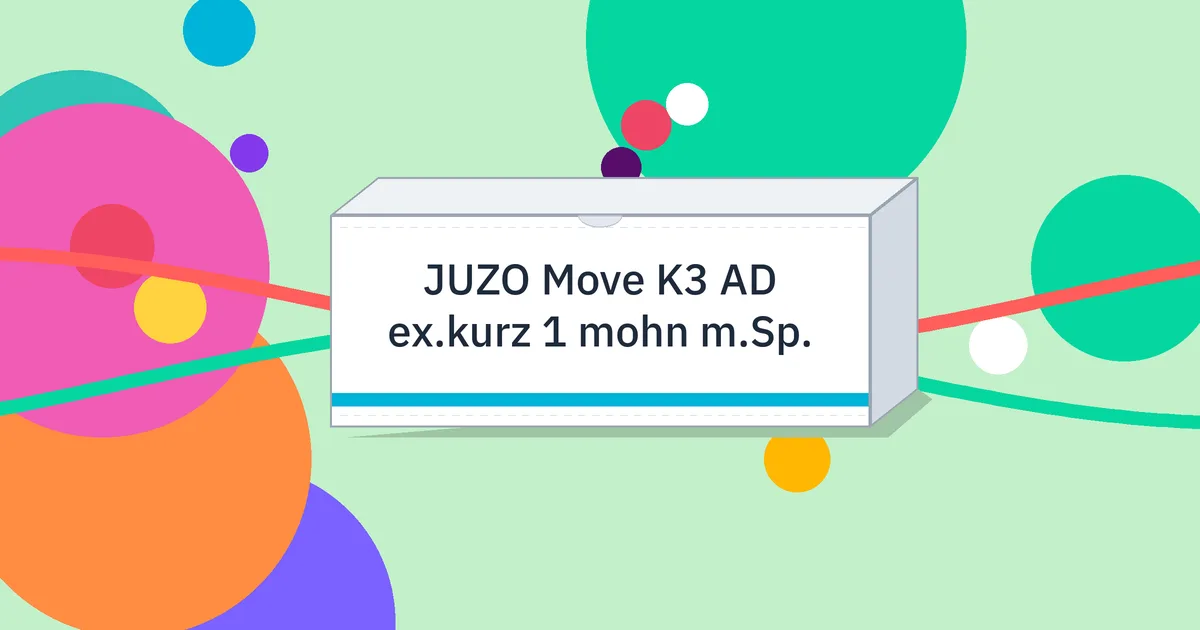 Symbolbild: Packung mit der Aufschrift JUZO Move K3 AD ex.kurz 1 mohn m.Sp. (PZN 18573185) – Verfügbarkeit und Bezug in Apotheken in Frankfurt am Main