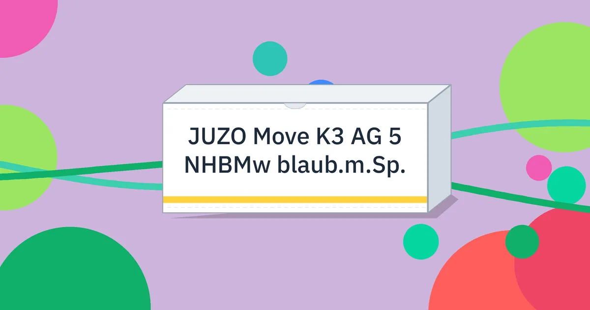 Symbolbild: Packung mit der Aufschrift JUZO Move K3 AG 5 NHBMw blaub.m.Sp. (PZN 18586785) – Verfügbarkeit und Bezug in Apotheken in Frankfurt am Main