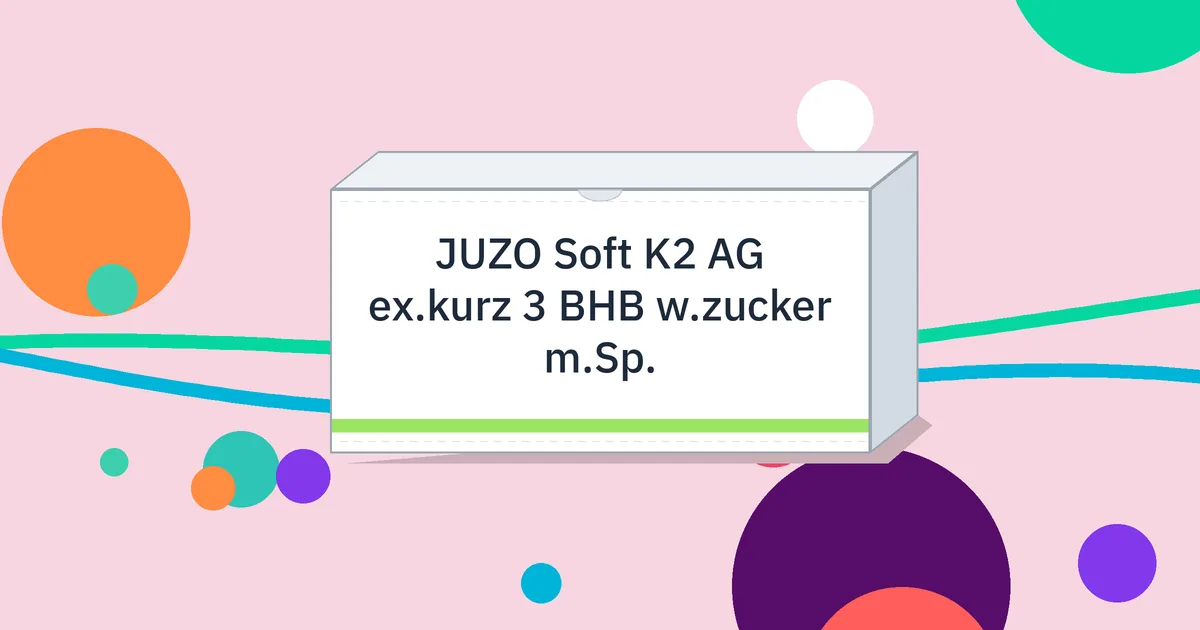 Symbolbild: Packung mit der Aufschrift JUZO Soft K2 AG ex.kurz 3 BHB w.zucker m.Sp. (PZN 14843110) – Verfügbarkeit und Bezug in Apotheken in Frankfurt am Main