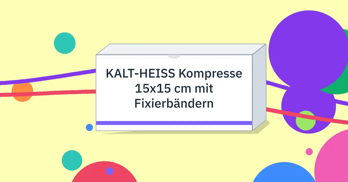 Symbolbild: Packung mit der Aufschrift KALT-HEISS Kompresse 15x15 cm mit Fixierbändern (PZN 02418962) – Verfügbarkeit und Bezug in Apotheken in Frankfurt am Main