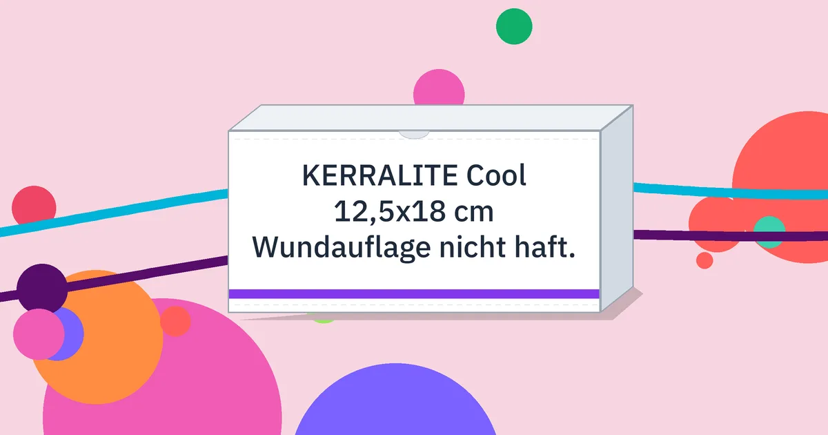 Symbolbild: Packung mit der Aufschrift KERRALITE Cool 12,5x18 cm Wundauflage nicht haft. (PZN 18055332) – Verfügbarkeit und Bezug in Apotheken in Frankfurt am Main