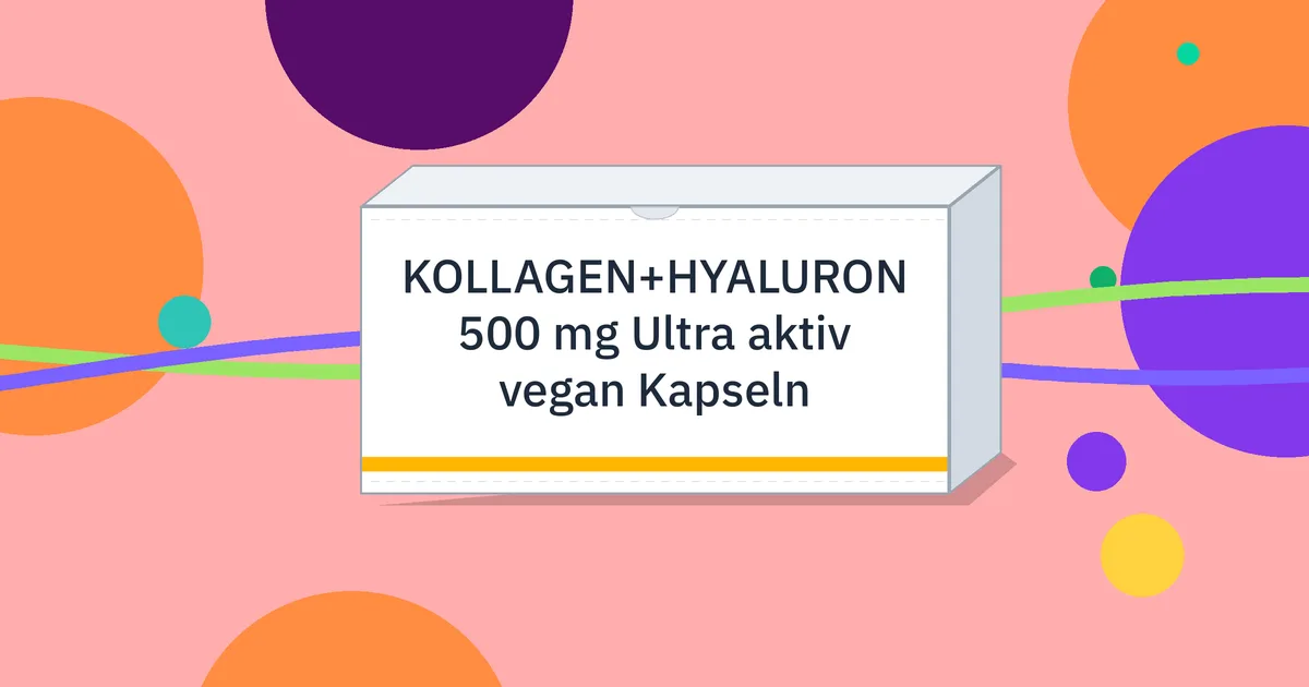 Symbolbild: Packung mit der Aufschrift KOLLAGEN+HYALURON 500 mg Ultra aktiv vegan Kapseln (PZN 20927029) – Verfügbarkeit und Bezug in Apotheken in Frankfurt am Main