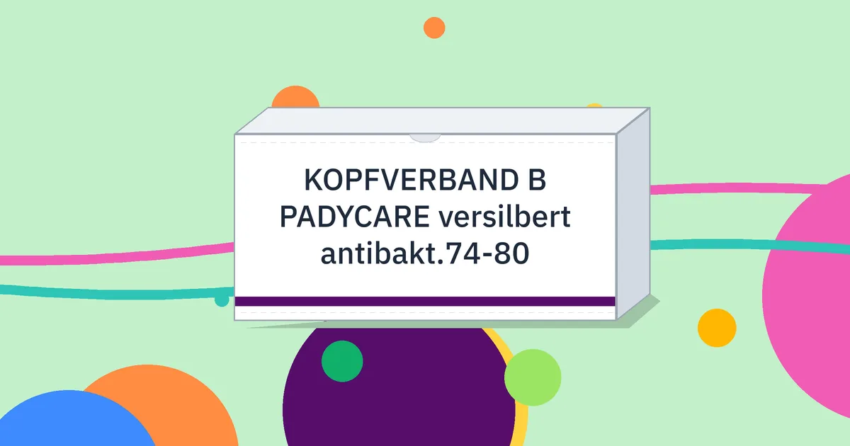 Symbolbild: Packung mit der Aufschrift KOPFVERBAND B PADYCARE versilbert antibakt.74-80 (PZN 10938368) – Verfügbarkeit und Bezug in Apotheken in Frankfurt am Main
