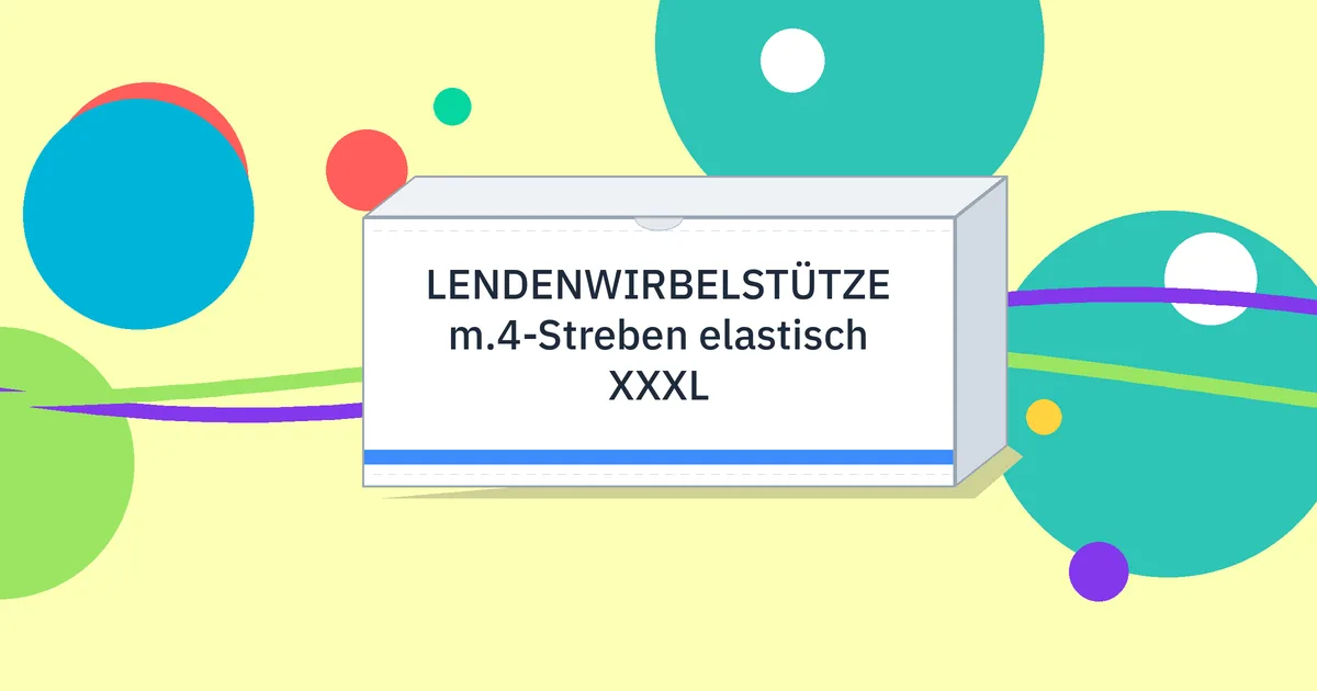 Symbolbild: Packung mit der Aufschrift LENDENWIRBELSTÜTZE m.4-Streben elastisch XXXL (PZN 19070960) – Verfügbarkeit und Bezug in Apotheken in Frankfurt am Main