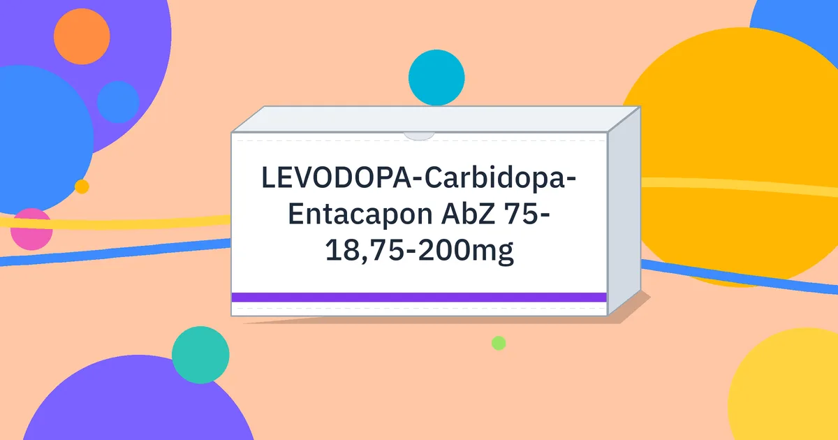 Symbolbild: Packung mit der Aufschrift LEVODOPA-Carbidopa-Entacapon AbZ 75-18,75-200mg (PZN 10712859) – Verfügbarkeit und Bezug in Apotheken in Frankfurt am Main