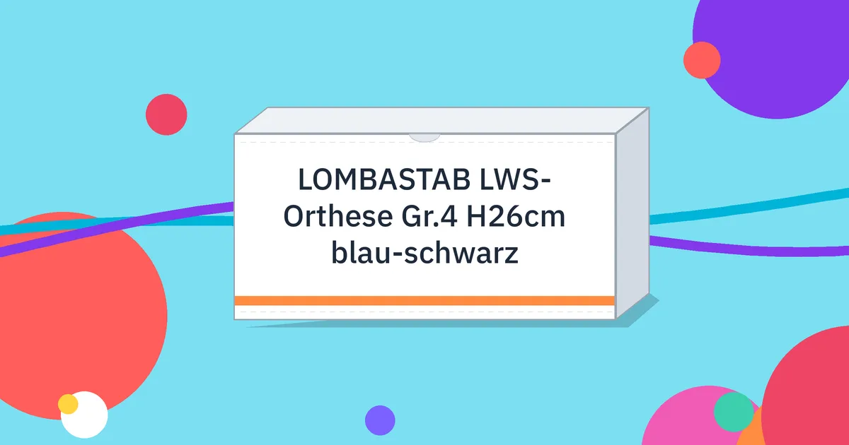 Symbolbild: Packung mit der Aufschrift LOMBASTAB LWS-Orthese Gr.4 H26cm blau-schwarz (PZN 18798168) – Verfügbarkeit und Bezug in Apotheken in Frankfurt am Main