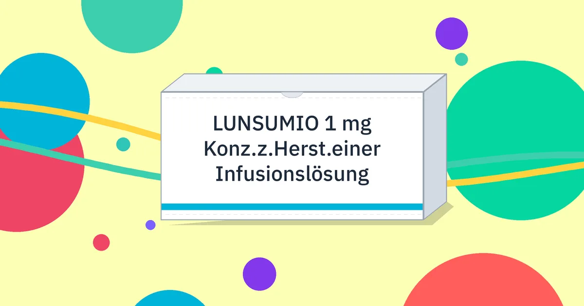 Symbolbild: Packung mit der Aufschrift LUNSUMIO 1 mg Konz.z.Herst.einer Infusionslösung (PZN 17611593) – Verfügbarkeit und Bezug in Apotheken in Frankfurt am Main