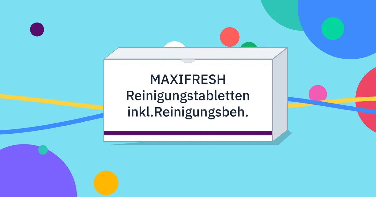 Symbolbild: Packung mit der Aufschrift MAXIFRESH Reinigungstabletten inkl.Reinigungsbeh. (PZN 09522680) – Verfügbarkeit und Bezug in Apotheken in Frankfurt am Main