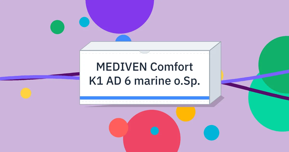 Symbolbild: Packung mit der Aufschrift MEDIVEN Comfort K1 AD 6 marine o.Sp. (PZN 14559633) – Verfügbarkeit und Bezug in Apotheken in Frankfurt am Main
