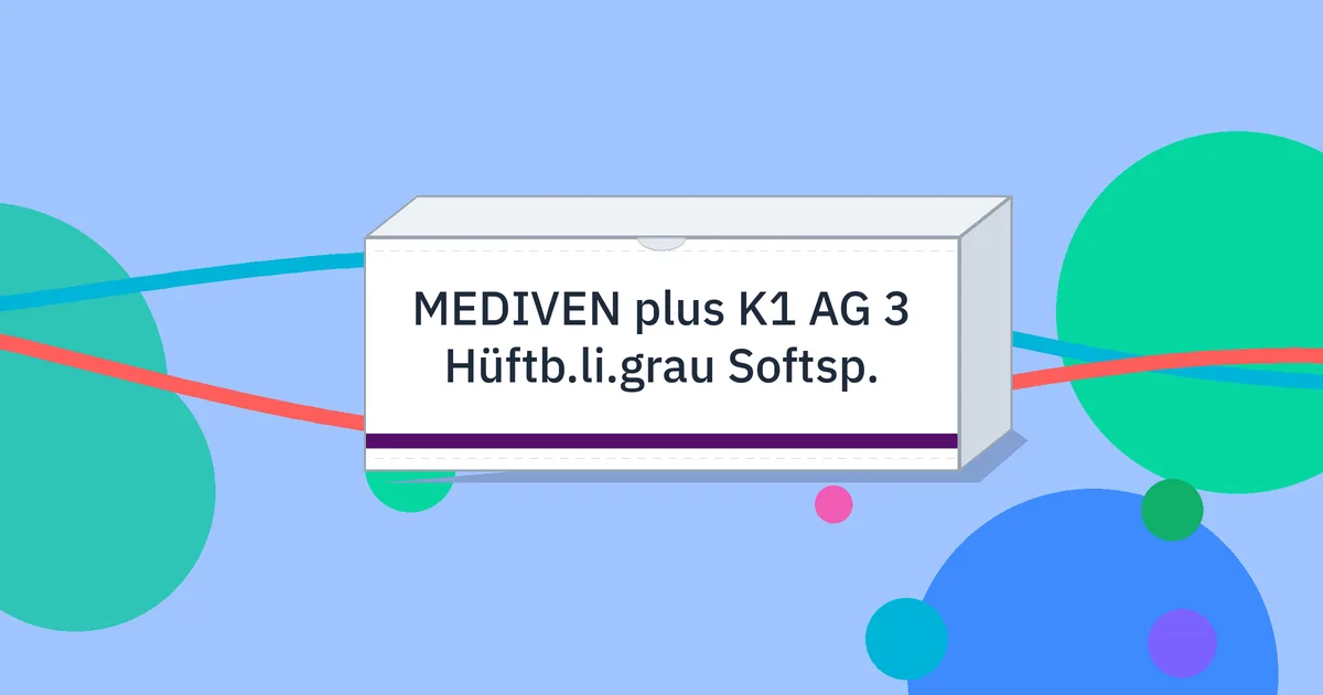 Symbolbild: Packung mit der Aufschrift MEDIVEN plus K1 AG 3 Hüftb.li.grau Softsp. (PZN 18938511) – Verfügbarkeit und Bezug in Apotheken in Frankfurt am Main