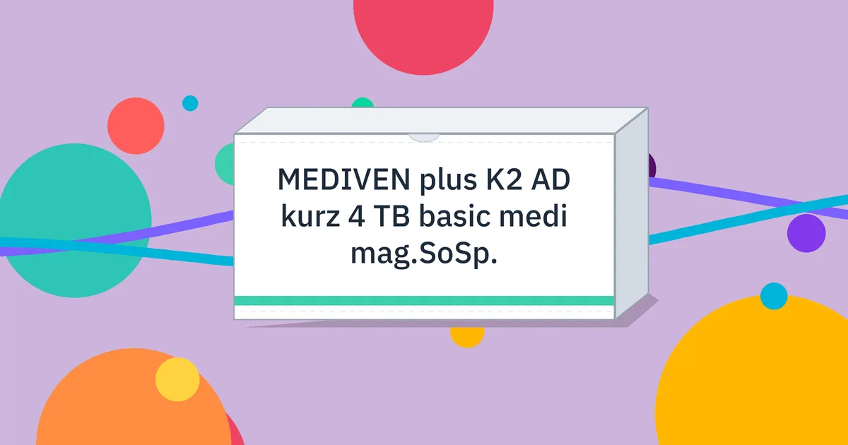 Symbolbild: Packung mit der Aufschrift MEDIVEN plus K2 AD kurz 4 TB basic medi mag.SoSp. (PZN 15098708) – Verfügbarkeit und Bezug in Apotheken in Frankfurt am Main