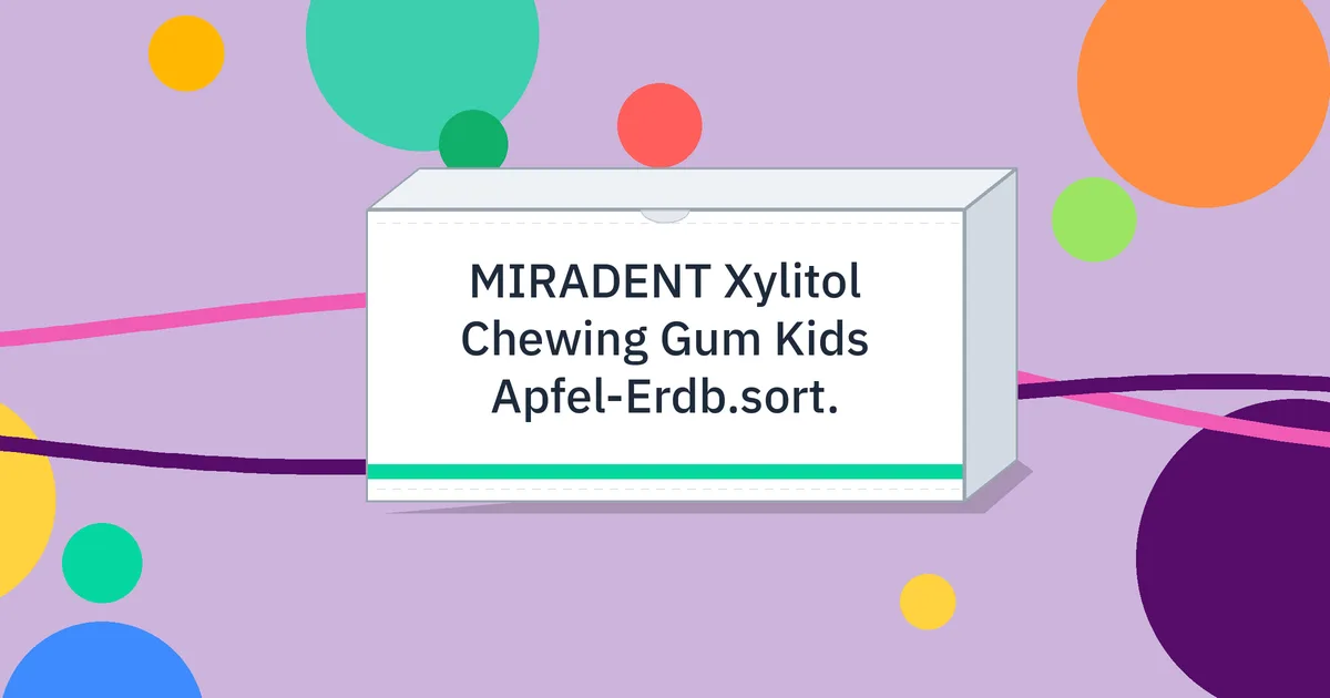 Symbolbild: Packung mit der Aufschrift MIRADENT Xylitol Chewing Gum Kids Apfel-Erdb.sort. (PZN 16760629) – Verfügbarkeit und Bezug in Apotheken in Frankfurt am Main