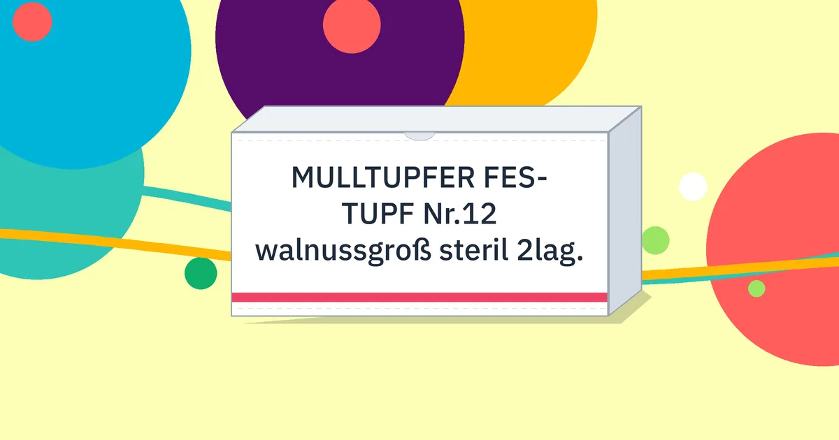 Symbolbild: Packung mit der Aufschrift MULLTUPFER FES-TUPF Nr.12 walnussgroß steril 2lag. (PZN 11158589) – Verfügbarkeit und Bezug in Apotheken in Frankfurt am Main
