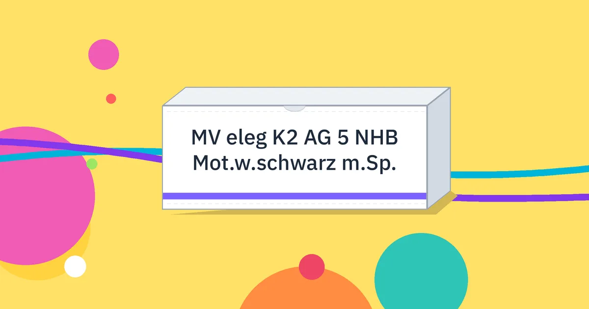 Symbolbild: Packung mit der Aufschrift MV eleg K2 AG 5 NHB Mot.w.schwarz m.Sp. (PZN 15727877) – Verfügbarkeit und Bezug in Apotheken in Frankfurt am Main