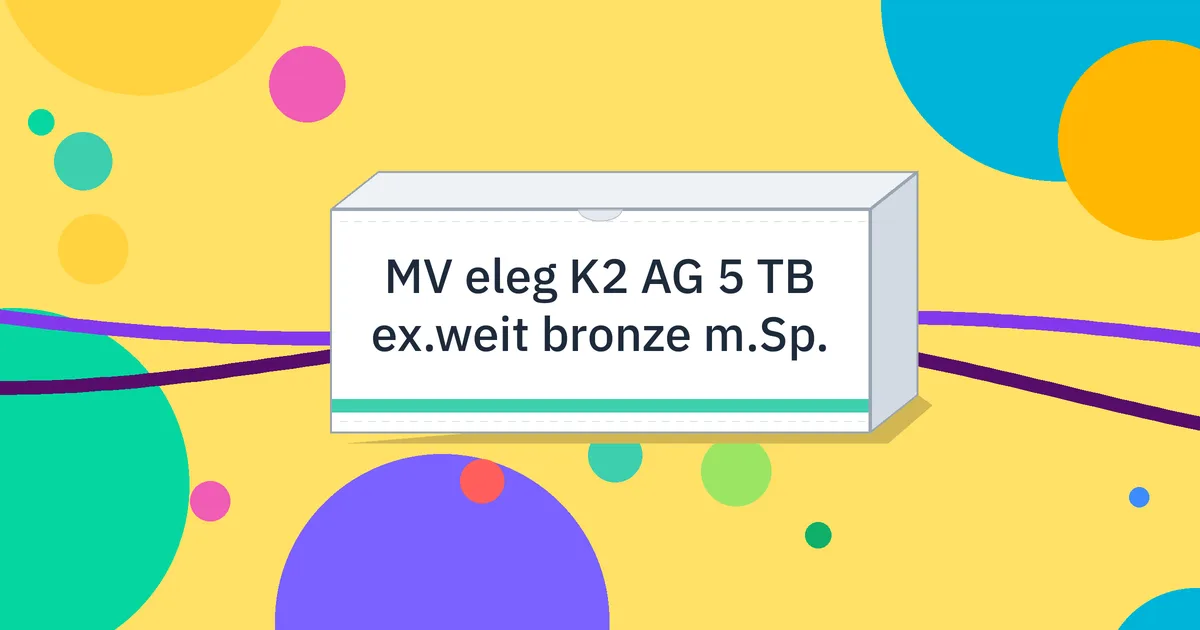 Symbolbild: Packung mit der Aufschrift MV eleg K2 AG 5 TB ex.weit bronze m.Sp. (PZN 14719373) – Verfügbarkeit und Bezug in Apotheken in Frankfurt am Main