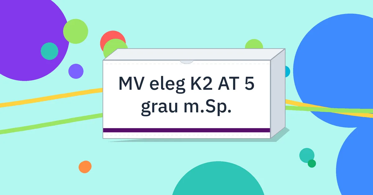 Symbolbild: Packung mit der Aufschrift MV eleg K2 AT 5 grau m.Sp. (PZN 18922728) – Verfügbarkeit und Bezug in Apotheken in Frankfurt am Main