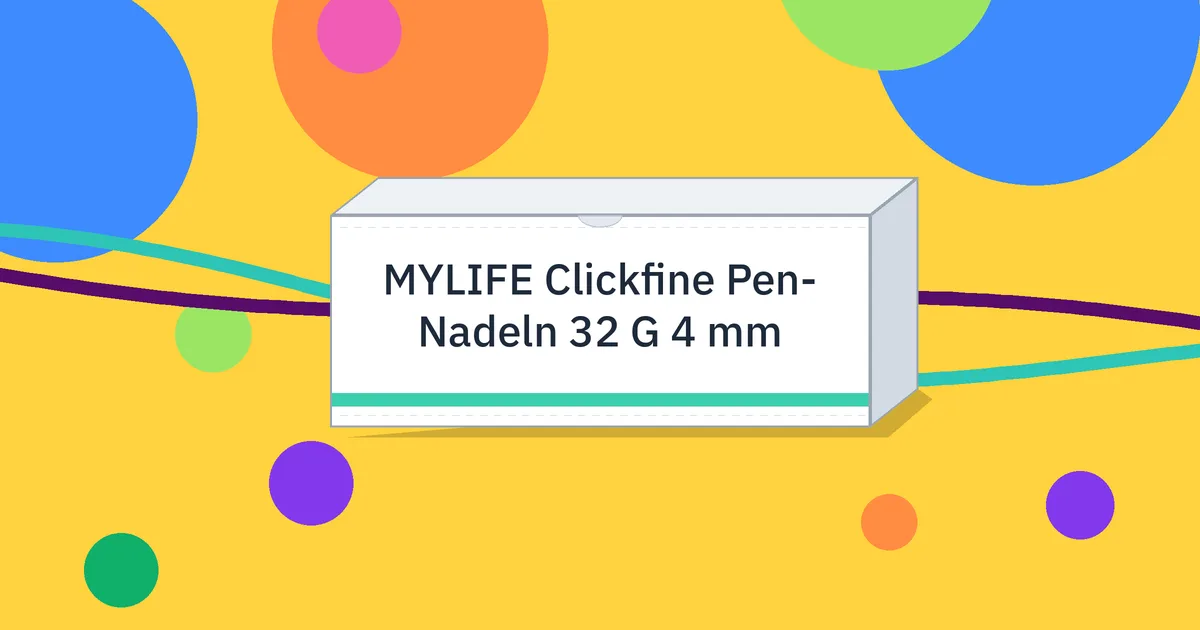 Symbolbild: Packung mit der Aufschrift MYLIFE Clickfine Pen-Nadeln 32 G 4 mm (PZN 20594450) – Verfügbarkeit und Bezug in Apotheken in Frankfurt am Main