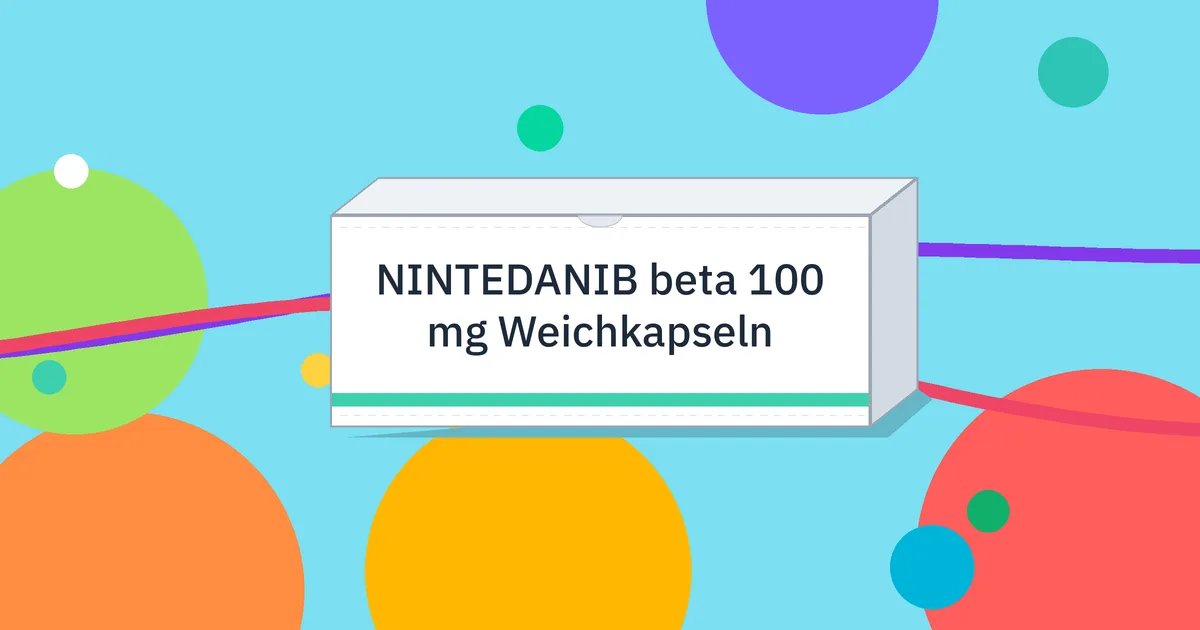 Symbolbild: Packung mit der Aufschrift NINTEDANIB beta 100 mg Weichkapseln (PZN 19961452) – Verfügbarkeit und Bezug in Apotheken in Frankfurt am Main