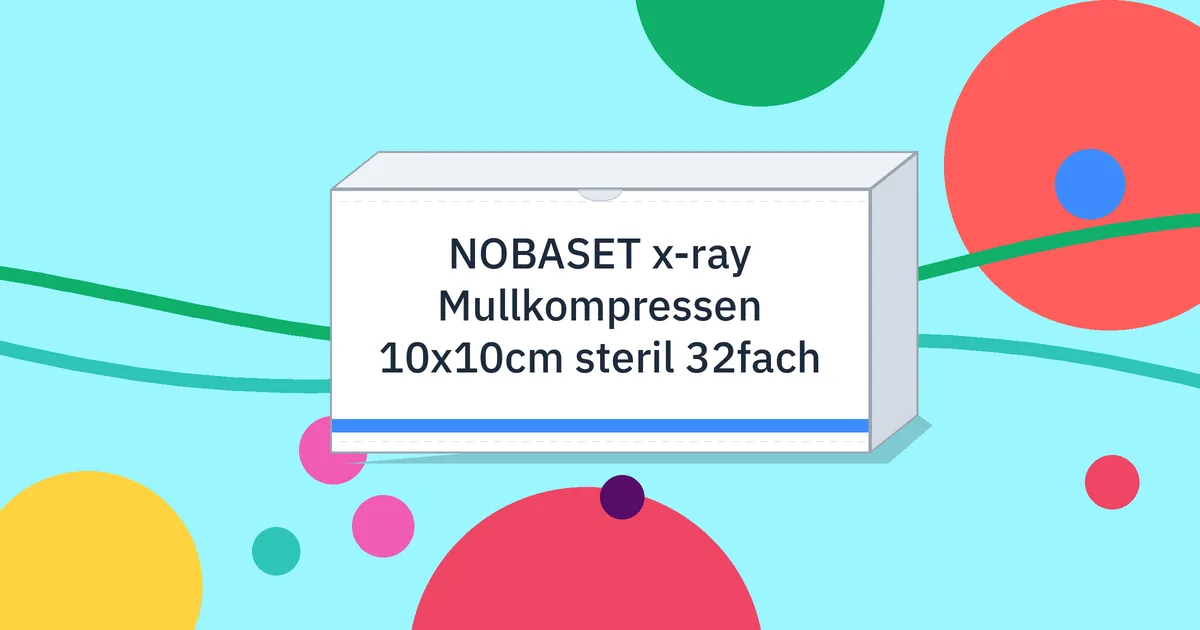 Symbolbild: Packung mit der Aufschrift NOBASET x-ray Mullkompressen 10x10cm steril 32fach (PZN 18257679) – Verfügbarkeit und Bezug in Apotheken in Frankfurt am Main