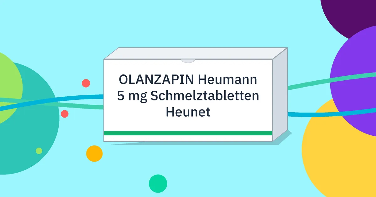 Symbolbild: Packung mit der Aufschrift OLANZAPIN Heumann 5 mg Schmelztabletten Heunet (PZN 09100080) – Verfügbarkeit und Bezug in Apotheken in Frankfurt am Main