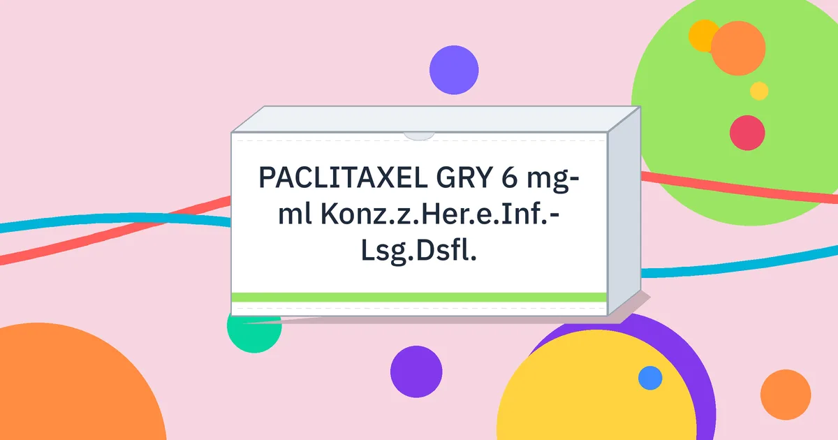 Symbolbild: Packung mit der Aufschrift PACLITAXEL GRY 6 mg-ml Konz.z.Her.e.Inf.-Lsg.Dsfl. (PZN 11551401) – Verfügbarkeit und Bezug in Apotheken in Frankfurt am Main