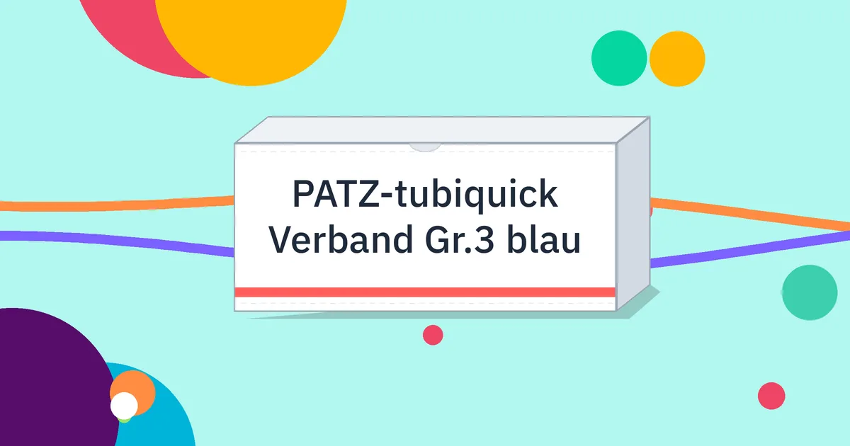 Symbolbild: Packung mit der Aufschrift PATZ-tubiquick Verband Gr.3 blau (PZN 06815329) – Verfügbarkeit und Bezug in Apotheken in Frankfurt am Main