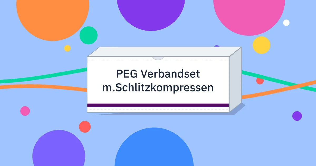 Symbolbild: Packung mit der Aufschrift PEG Verbandset m.Schlitzkompressen (PZN 01333962) – Verfügbarkeit und Bezug in Apotheken in Frankfurt am Main