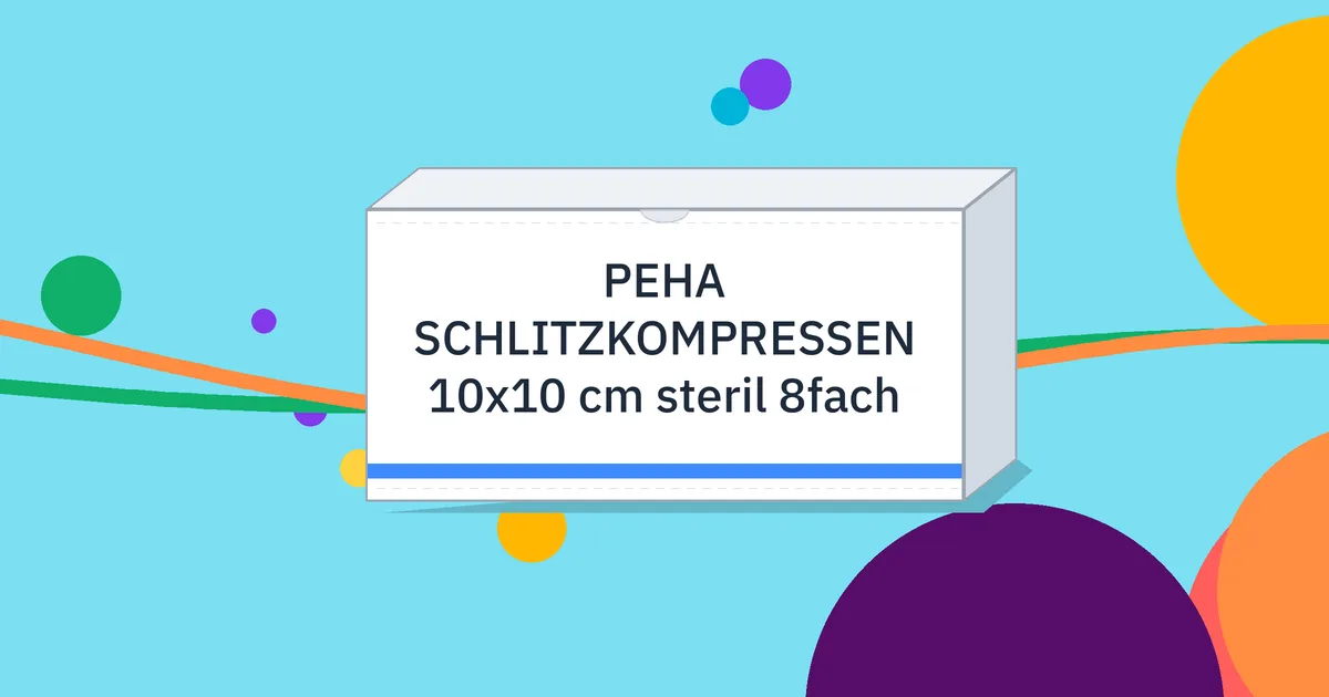Symbolbild: Packung mit der Aufschrift PEHA SCHLITZKOMPRESSEN 10x10 cm steril 8fach (PZN 20176184) – Verfügbarkeit und Bezug in Apotheken in Frankfurt am Main