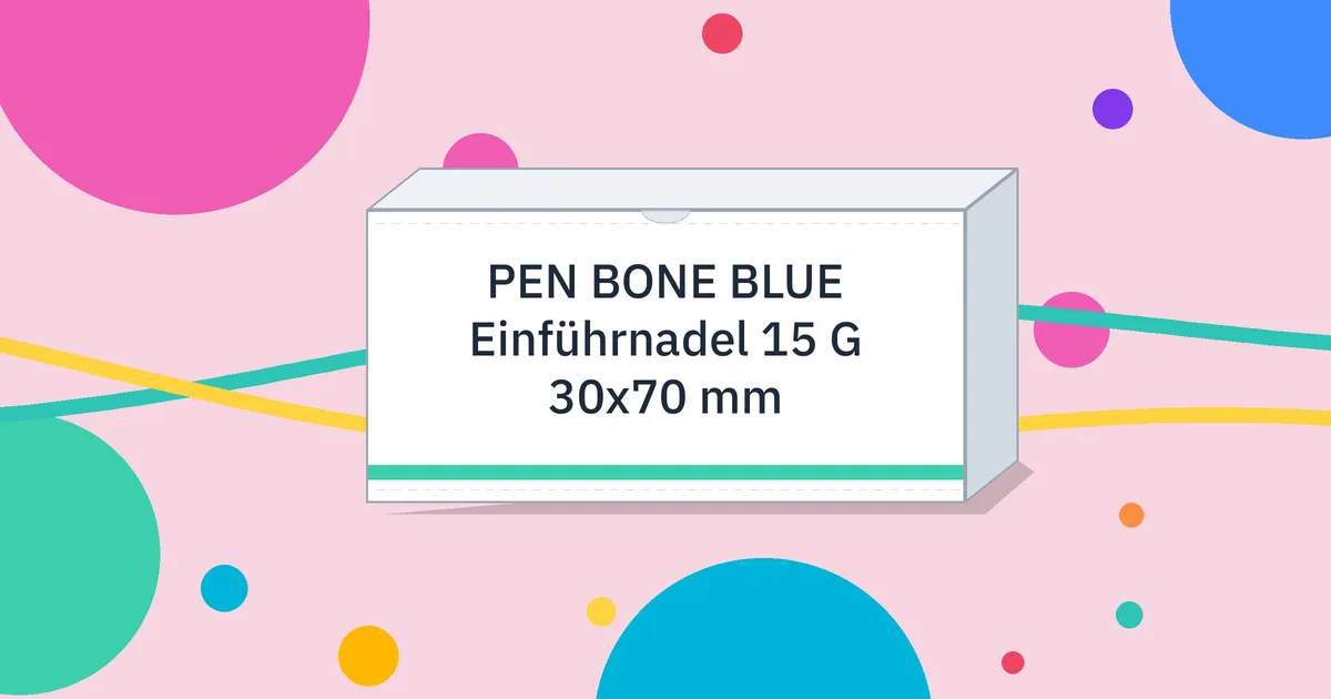 Symbolbild: Packung mit der Aufschrift PEN BONE BLUE Einführnadel 15 G 30x70 mm (PZN 16919828) – Verfügbarkeit und Bezug in Apotheken in Frankfurt am Main