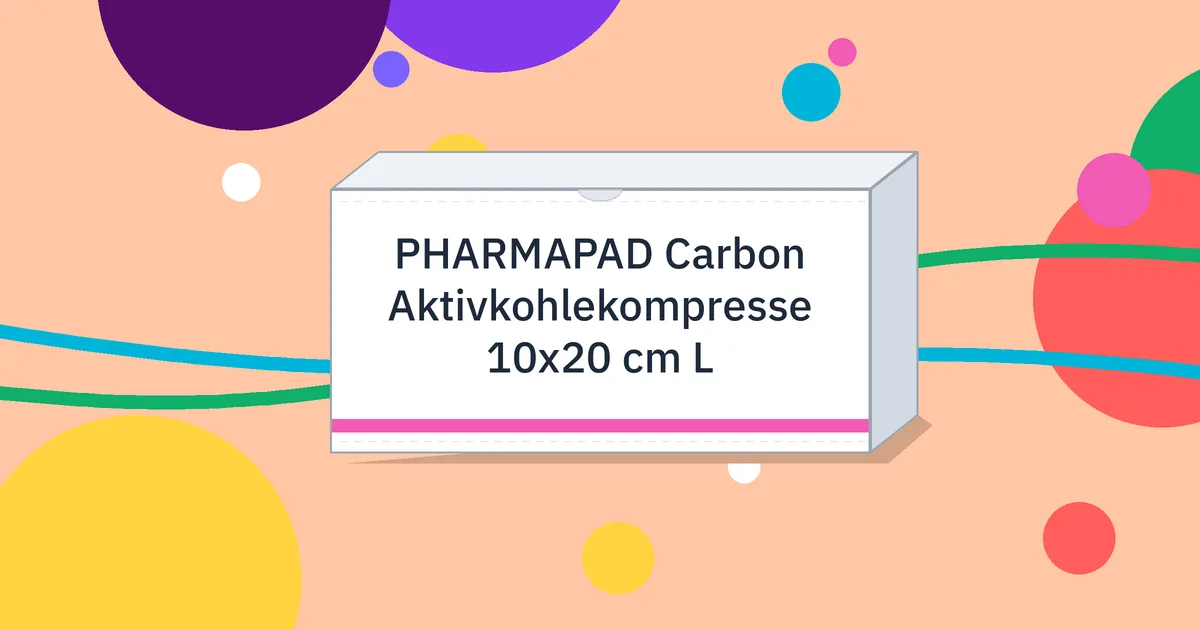 Symbolbild: Packung mit der Aufschrift PHARMAPAD Carbon Aktivkohlekompresse 10x20 cm L (PZN 19364897) – Verfügbarkeit und Bezug in Apotheken in Frankfurt am Main