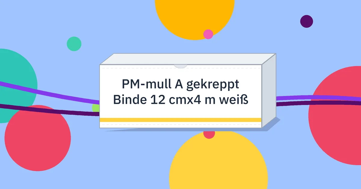Symbolbild: Packung mit der Aufschrift PM-mull A gekreppt Binde 12 cmx4 m weiß (PZN 18845577) – Verfügbarkeit und Bezug in Apotheken in Frankfurt am Main