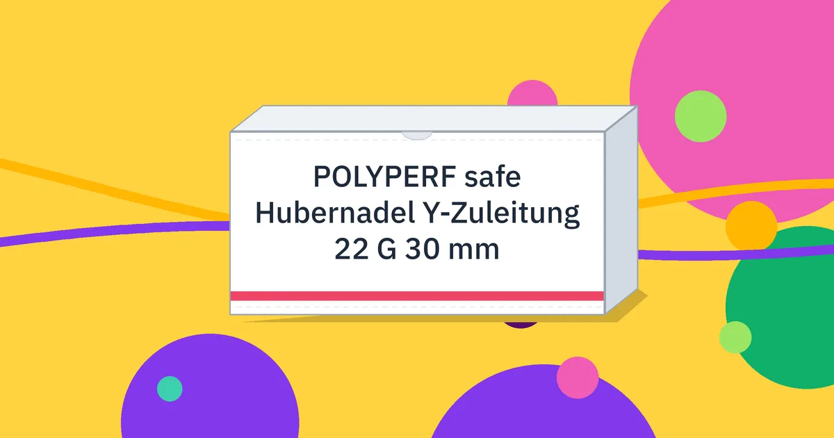 Symbolbild: Packung mit der Aufschrift POLYPERF safe Hubernadel Y-Zuleitung 22 G 30 mm (PZN 18114098) – Verfügbarkeit und Bezug in Apotheken in Frankfurt am Main