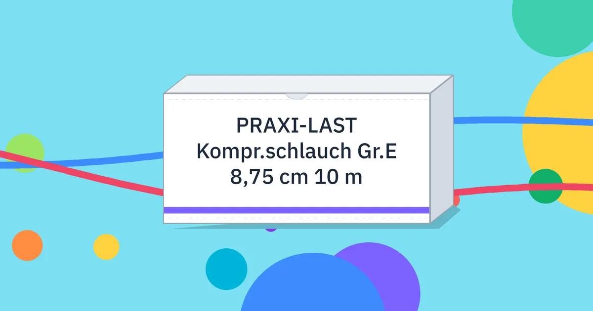 Symbolbild: Packung mit der Aufschrift PRAXI-LAST Kompr.schlauch Gr.E 8,75 cm 10 m (PZN 12826998) – Verfügbarkeit und Bezug in Apotheken in Frankfurt am Main
