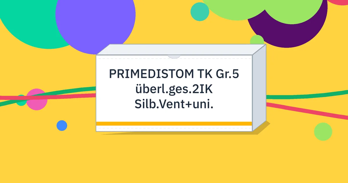 Symbolbild: Packung mit der Aufschrift PRIMEDISTOM TK Gr.5 überl.ges.2IK Silb.Vent+uni. (PZN 10209468) – Verfügbarkeit und Bezug in Apotheken in Frankfurt am Main