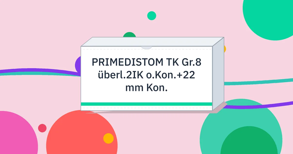Symbolbild: Packung mit der Aufschrift PRIMEDISTOM TK Gr.8 überl.2IK o.Kon.+22 mm Kon. (PZN 10266348) – Verfügbarkeit und Bezug in Apotheken in Frankfurt am Main