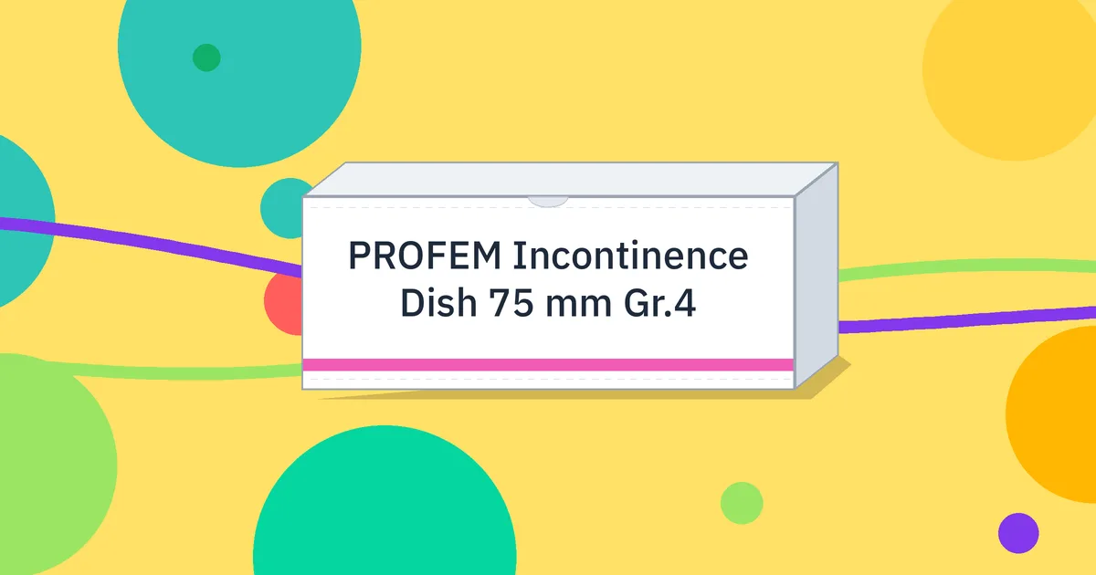 Symbolbild: Packung mit der Aufschrift PROFEM Incontinence Dish 75 mm Gr.4 (PZN 19641368) – Verfügbarkeit und Bezug in Apotheken in Frankfurt am Main