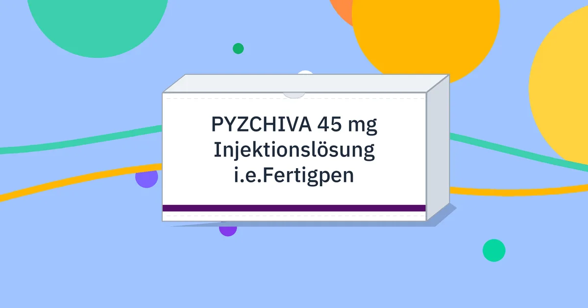 Symbolbild: Packung mit der Aufschrift PYZCHIVA 45 mg Injektionslösung i.e.Fertigpen (PZN 20056468) – Verfügbarkeit und Bezug in Apotheken in Frankfurt am Main