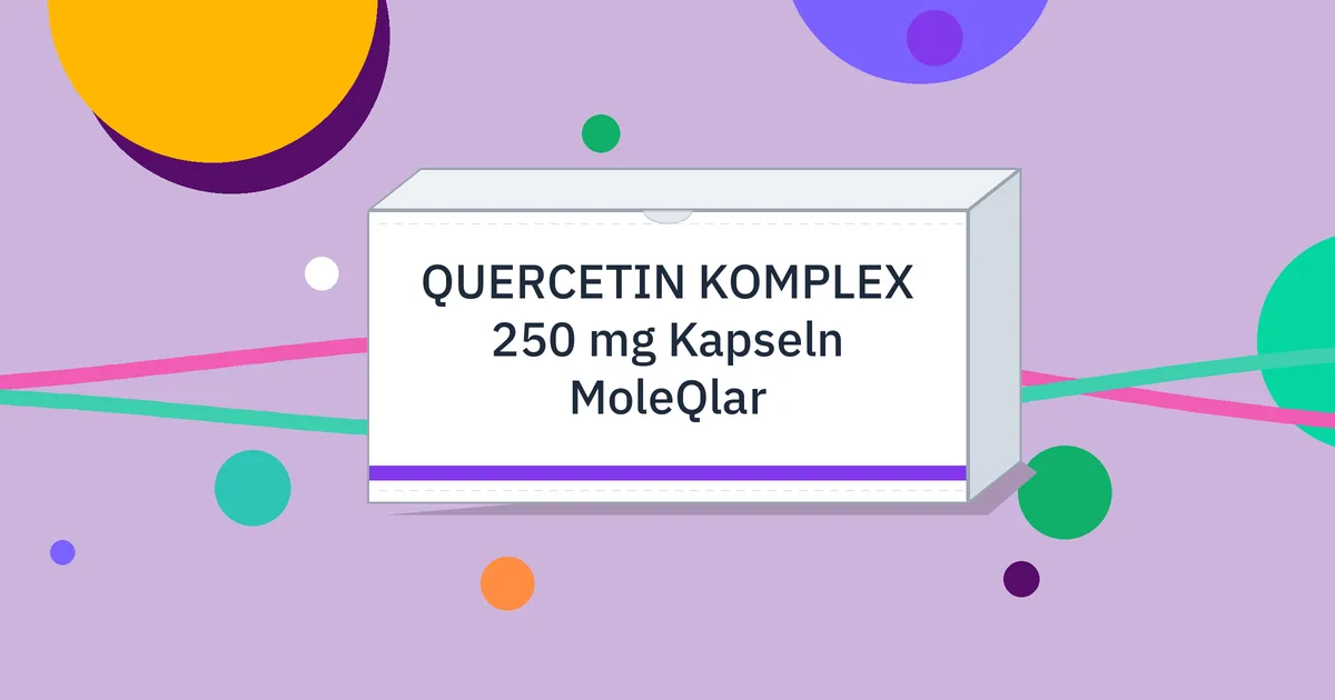 Symbolbild: Packung mit der Aufschrift QUERCETIN KOMPLEX 250 mg Kapseln MoleQlar (PZN 19394757) – Verfügbarkeit und Bezug in Apotheken in Frankfurt am Main