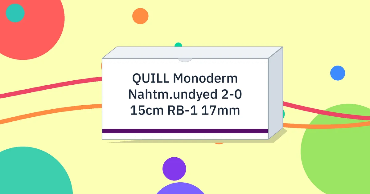 Symbolbild: Packung mit der Aufschrift QUILL Monoderm Nahtm.undyed 2-0 15cm RB-1 17mm (PZN 17988116) – Verfügbarkeit und Bezug in Apotheken in Frankfurt am Main