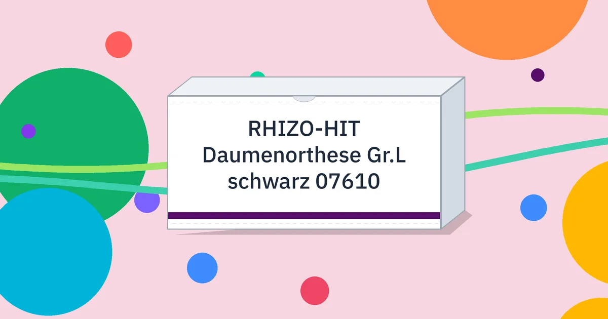 Symbolbild: Packung mit der Aufschrift RHIZO-HIT Daumenorthese Gr.L schwarz 07610 (PZN 03266572) – Verfügbarkeit und Bezug in Apotheken in Frankfurt am Main