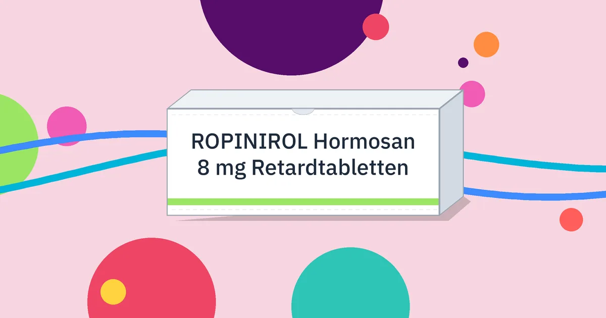 Symbolbild: Packung mit der Aufschrift ROPINIROL Hormosan 8 mg Retardtabletten (PZN 09505836) – Verfügbarkeit und Bezug in Apotheken in Frankfurt am Main