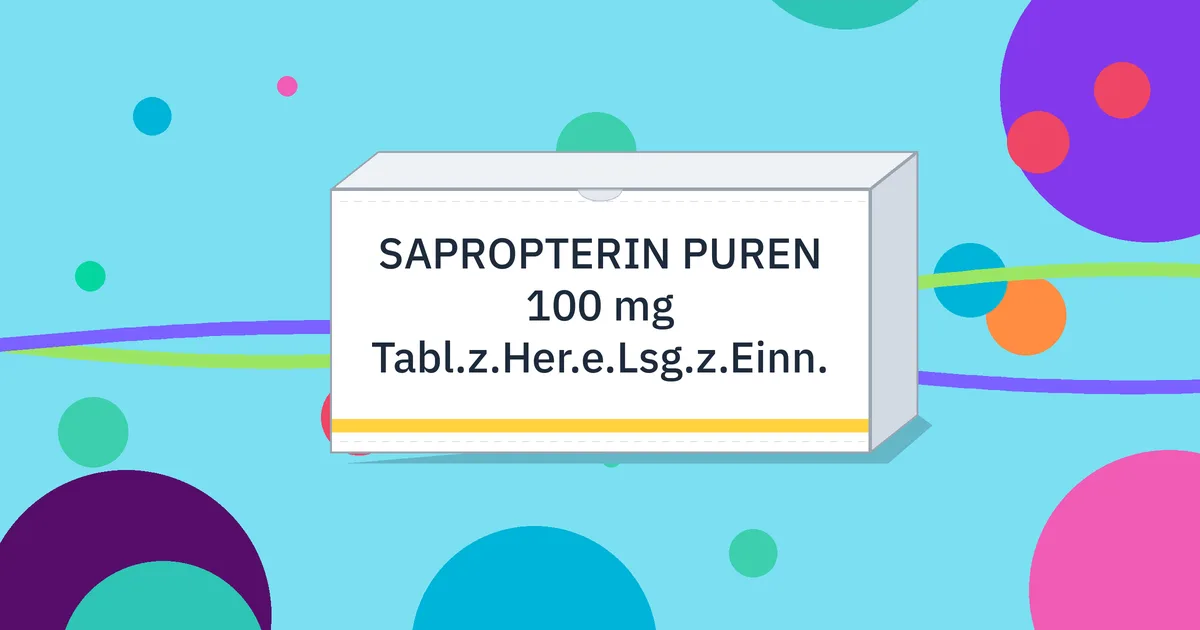 Symbolbild: Packung mit der Aufschrift SAPROPTERIN PUREN 100 mg Tabl.z.Her.e.Lsg.z.Einn. (PZN 18776787) – Verfügbarkeit und Bezug in Apotheken in Frankfurt am Main