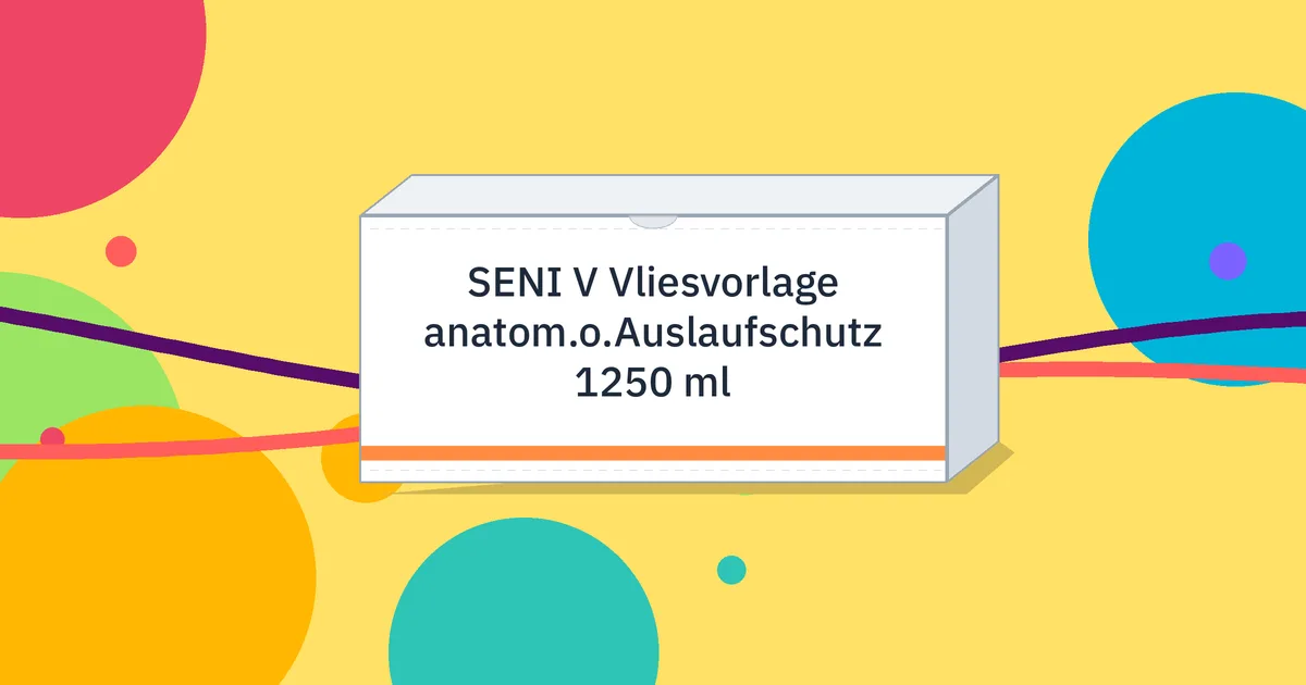 Symbolbild: Packung mit der Aufschrift SENI V Vliesvorlage anatom.o.Auslaufschutz 1250 ml (PZN 12376638) – Verfügbarkeit und Bezug in Apotheken in Frankfurt am Main
