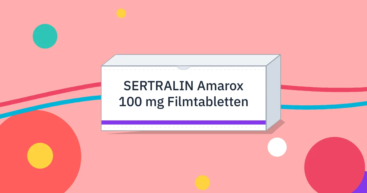 Symbolbild: Packung mit der Aufschrift SERTRALIN Amarox 100 mg Filmtabletten (PZN 19984648) – Verfügbarkeit und Bezug in Apotheken in Frankfurt am Main