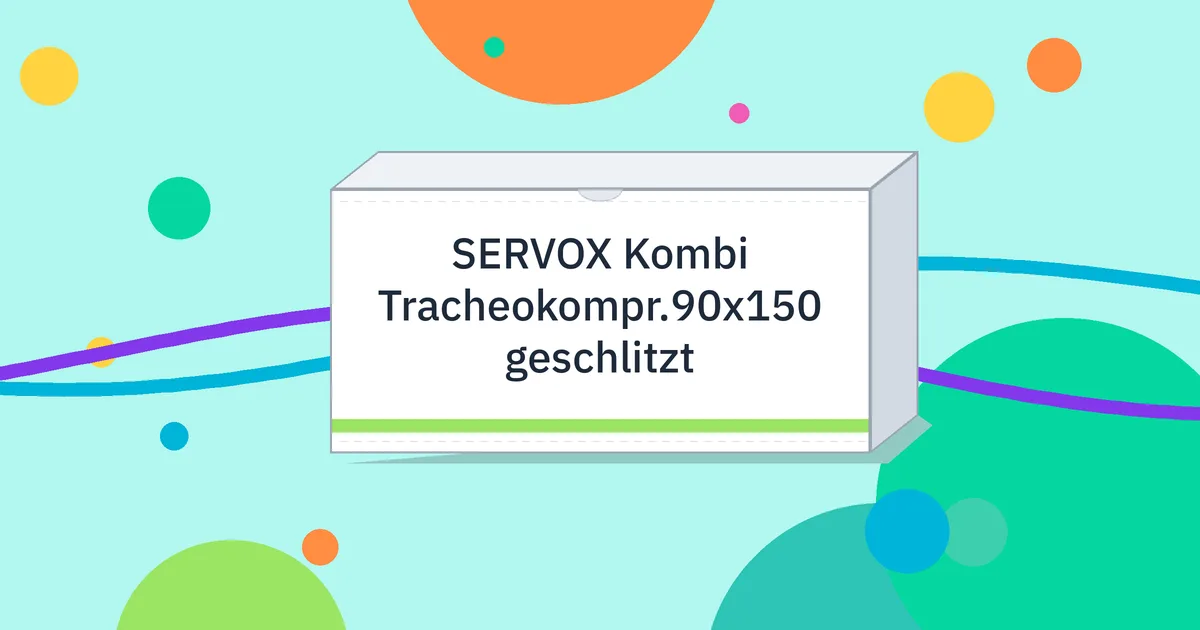 Symbolbild: Packung mit der Aufschrift SERVOX Kombi Tracheokompr.90x150 geschlitzt (PZN 08848273) – Verfügbarkeit und Bezug in Apotheken in Frankfurt am Main