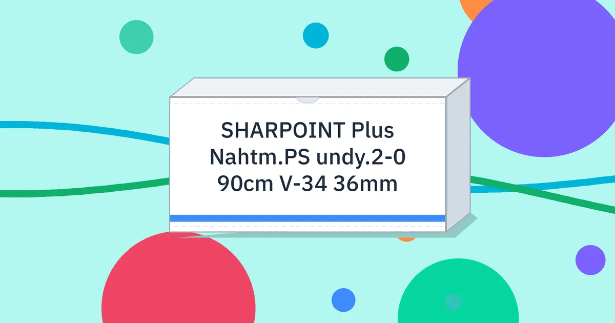 Symbolbild: Packung mit der Aufschrift SHARPOINT Plus Nahtm.PS undy.2-0 90cm V-34 36mm (PZN 17996067) – Verfügbarkeit und Bezug in Apotheken in Frankfurt am Main