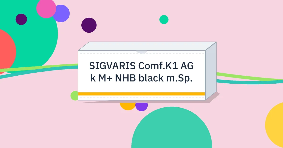 Symbolbild: Packung mit der Aufschrift SIGVARIS Comf.K1 AG k M+ NHB black m.Sp. (PZN 17100214) – Verfügbarkeit und Bezug in Apotheken in Frankfurt am Main