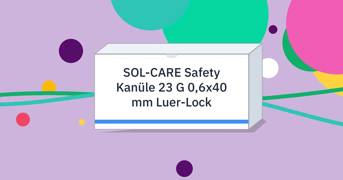 Symbolbild: Packung mit der Aufschrift SOL-CARE Safety Kanüle 23 G 0,6x40 mm Luer-Lock (PZN 20328174) – Verfügbarkeit und Bezug in Apotheken in Frankfurt am Main