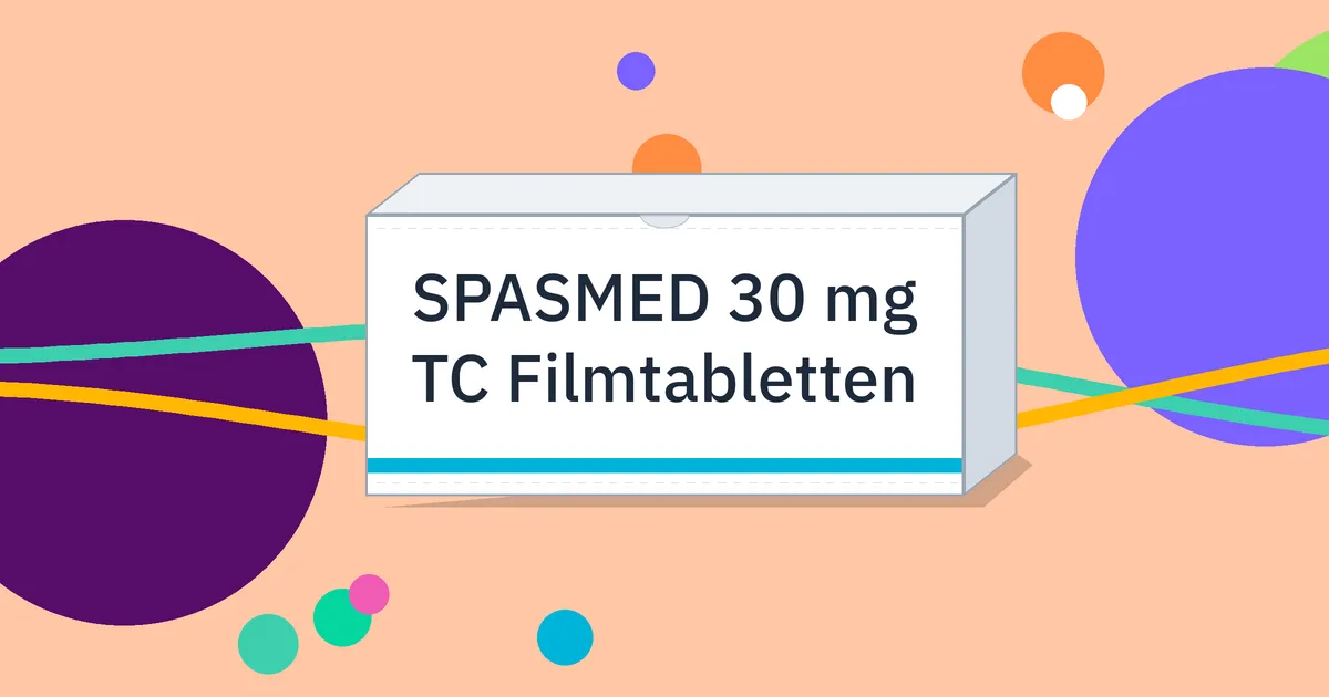 Symbolbild: Packung mit der Aufschrift SPASMED 30 mg TC Filmtabletten (PZN 15398244) – Verfügbarkeit und Bezug in Apotheken in Frankfurt am Main